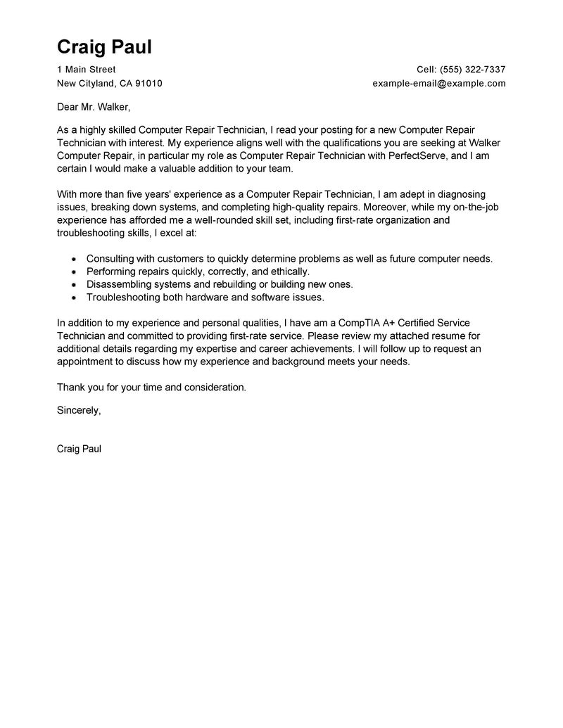 Computer Repair Technician Cover Letter Examples | Computers ... Computer Repair Technician Cover Letter Examples | Computers ...