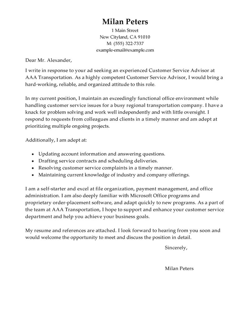 Customer Service Advisor Cover Letter Examples Transportation Cover