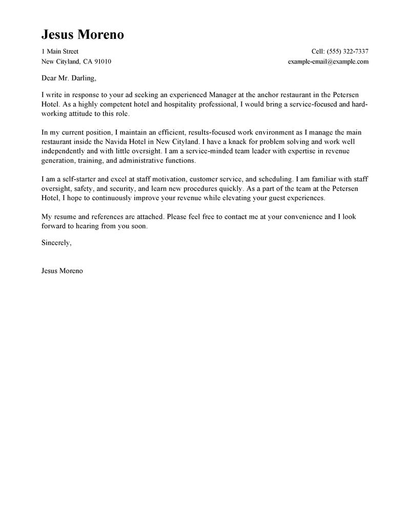 Hotel Hospitality Cover Letter Examples LiveCareer