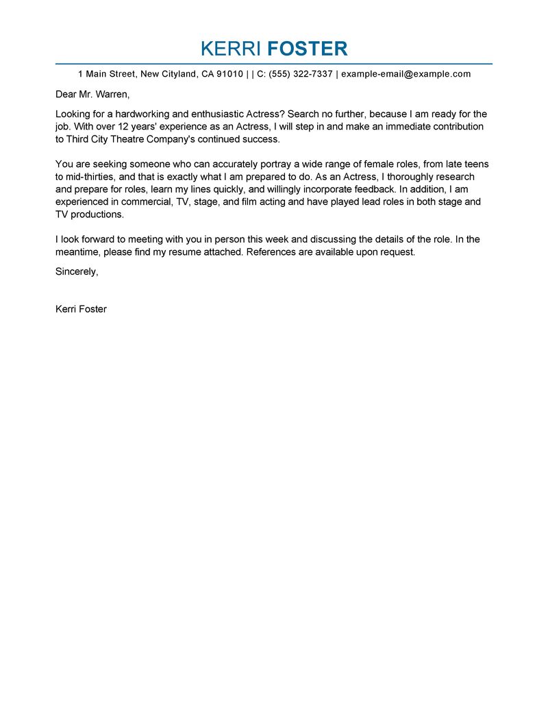 Actor Actress Cover Letter Examples Media Entertainment Cover 