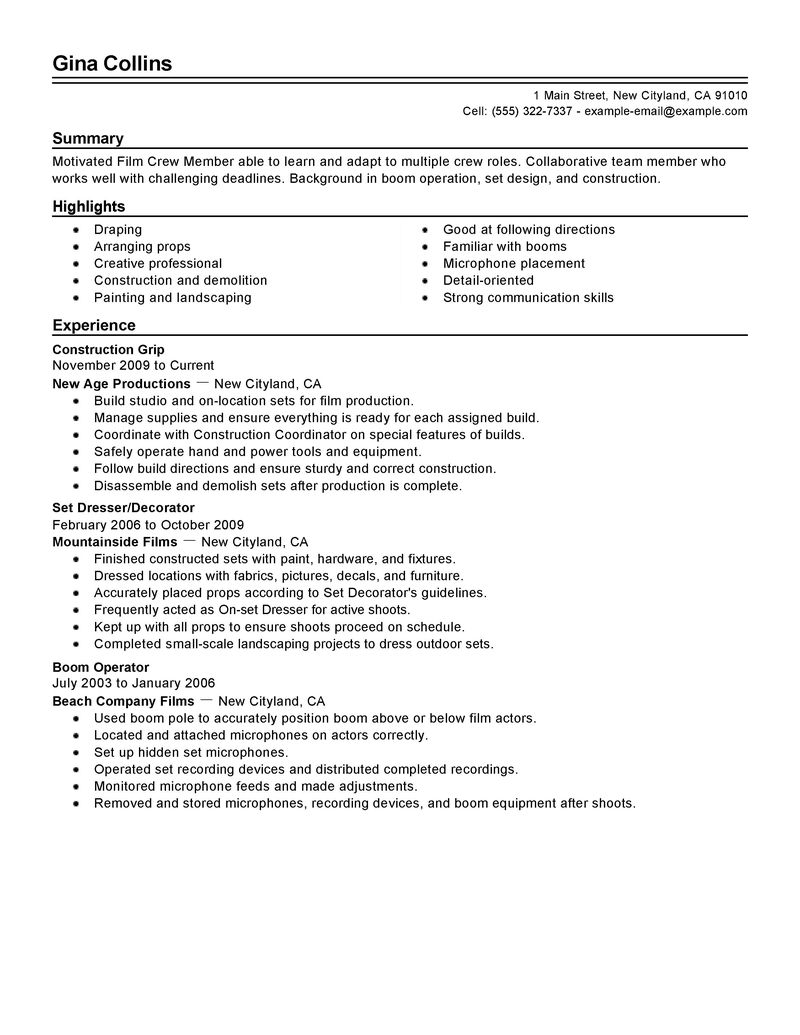 Film Crew Resume Example Media Entertainment Sample Resumes 