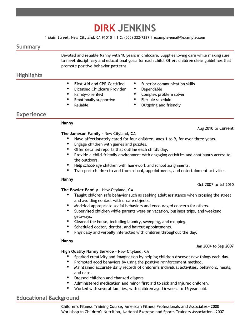 Resume Format Resume Examples Nanny Experience