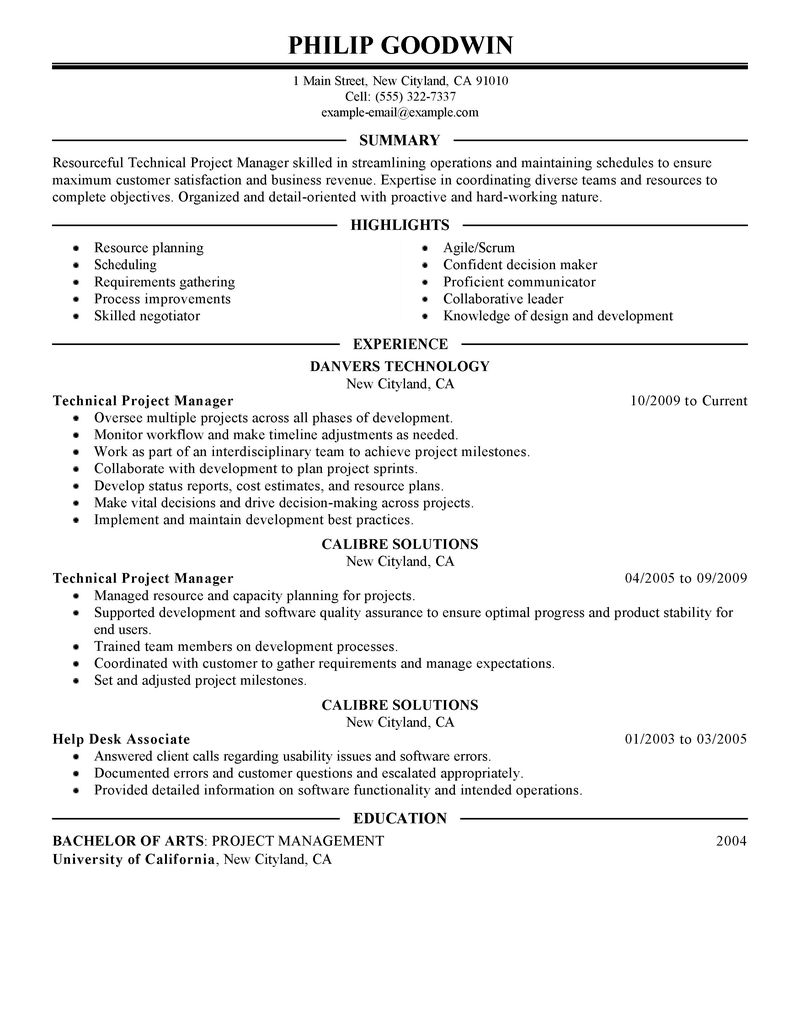 Technical Project Manager Resume Example Computers Technology 
