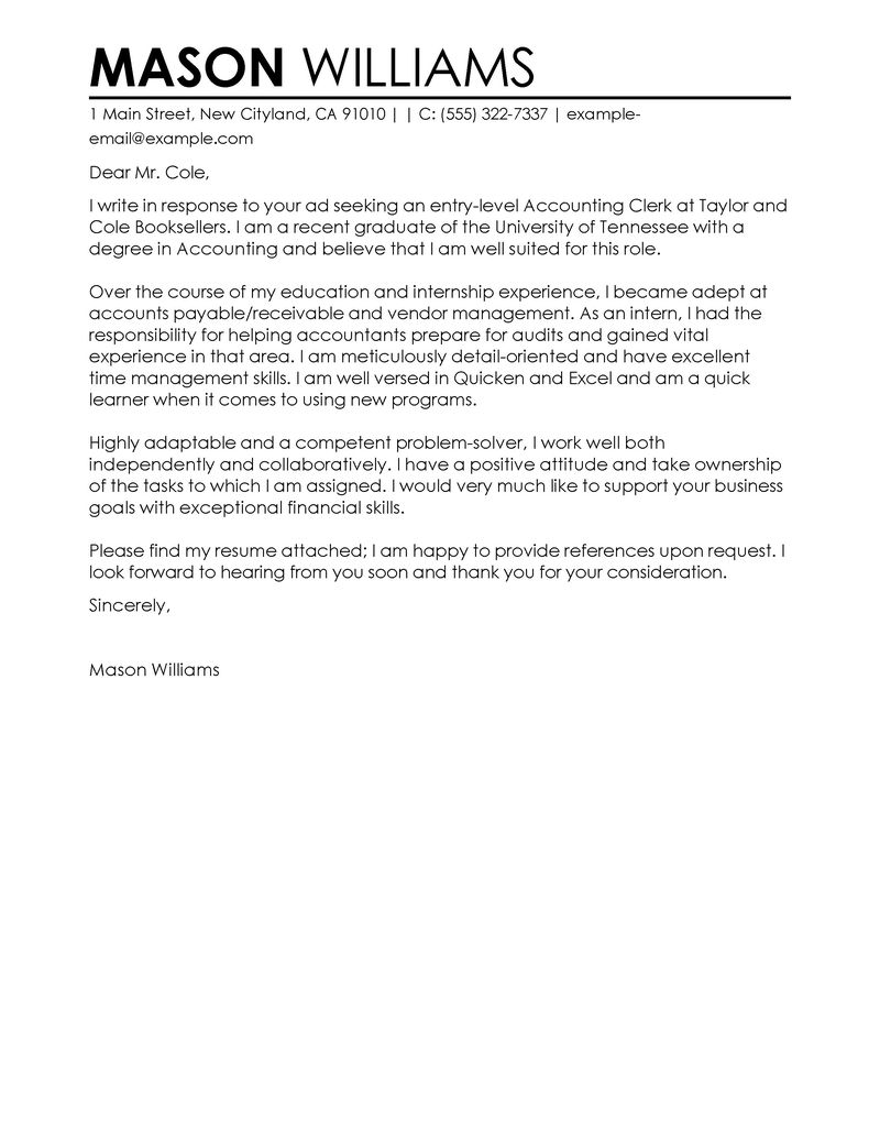 Best Accounting Clerk Cover Letter Examples LiveCareer