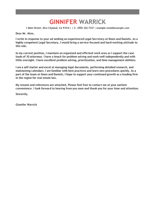Best Legal Secretary Cover Letter Examples LiveCareer