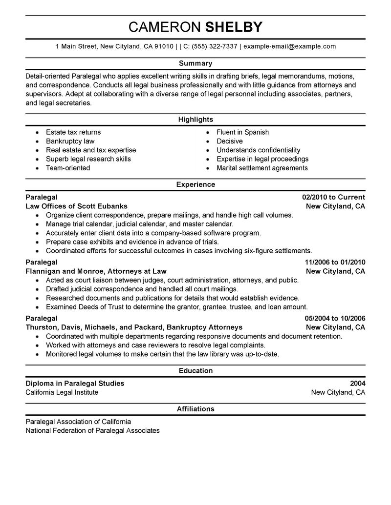 A Good Paralegal Resume RESUMETEMPLATESQUICK