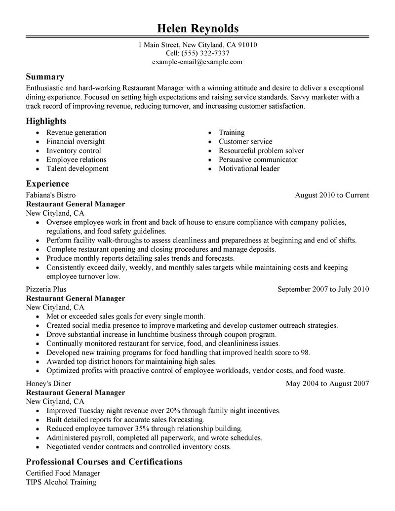 Best Restaurant Manager Resume Example LiveCareer