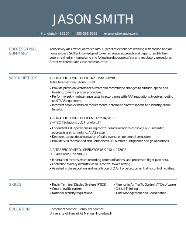 4 Air Traffic Controller Resume Examples, Templates, & Tips for 2026