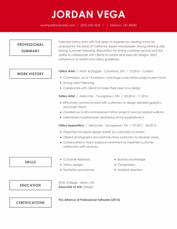Professional Tattoo Artist Resume Examples