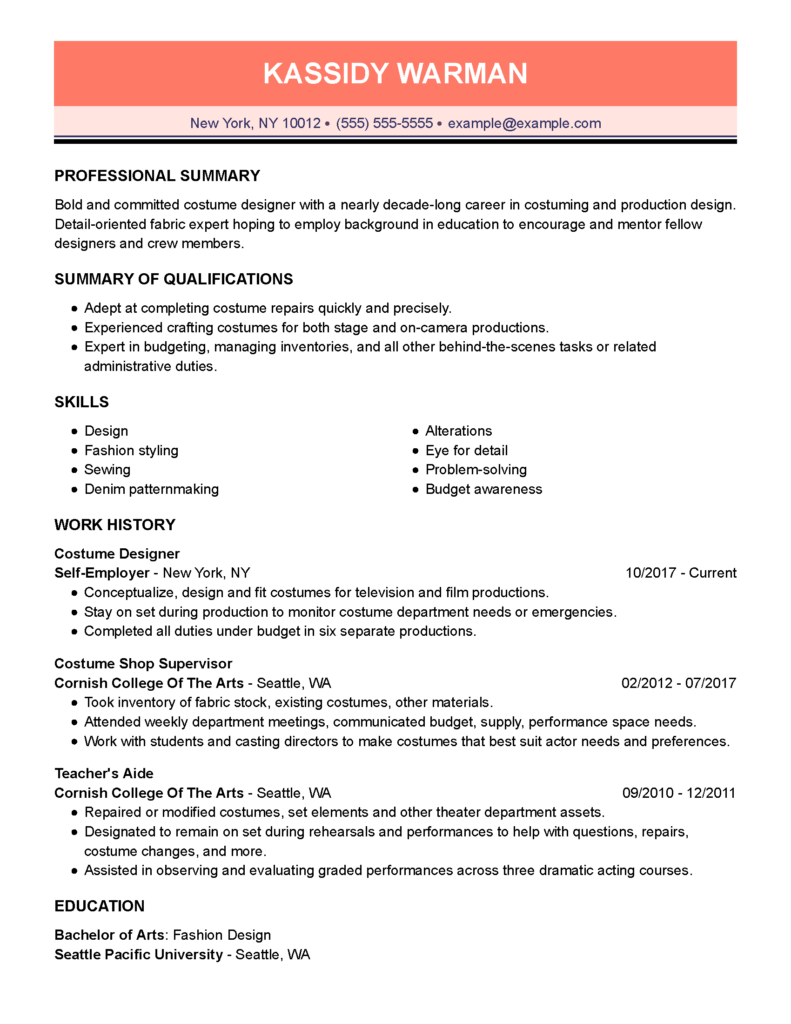 4 Costume Designer Resume Examples, Templates, & Tips for 2026