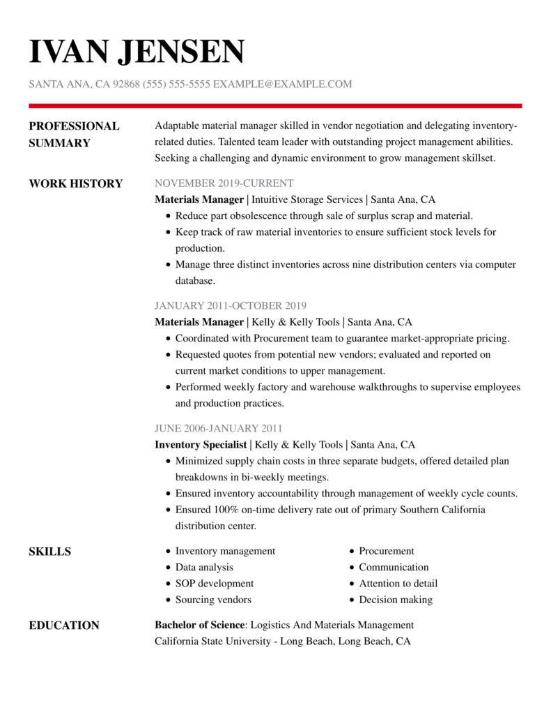 Professional Materials Manager Resume Examples