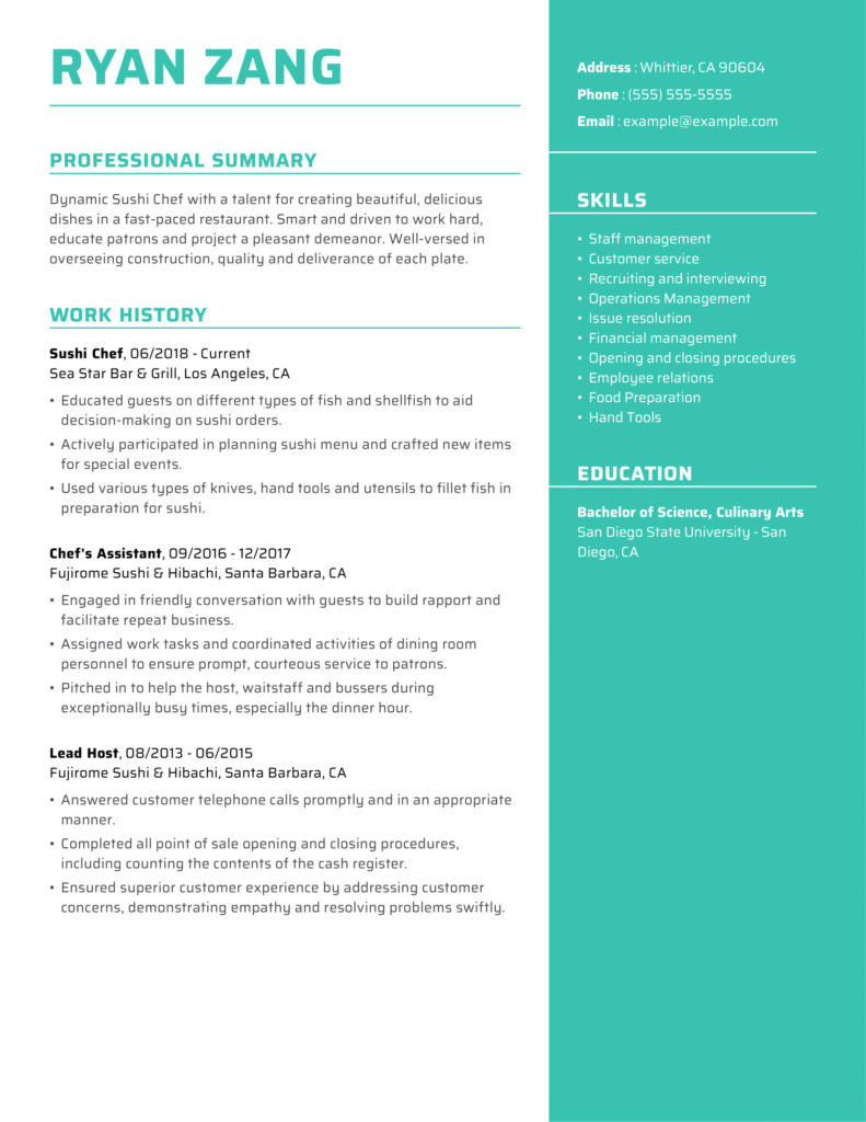 4 Sushi Chef Resume Examples, Templates, & Tips for 2025