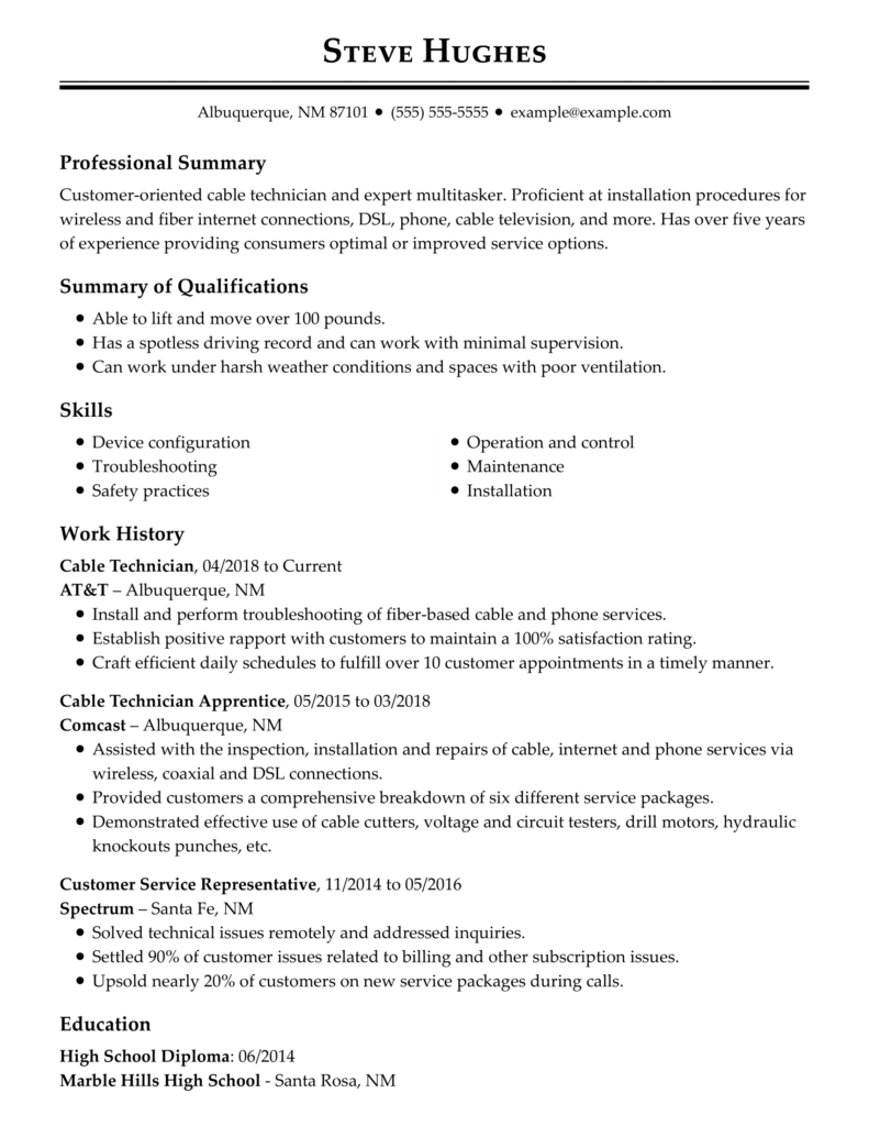 4 Cable Technician Resume Examples, Templates, & Tips for 2026