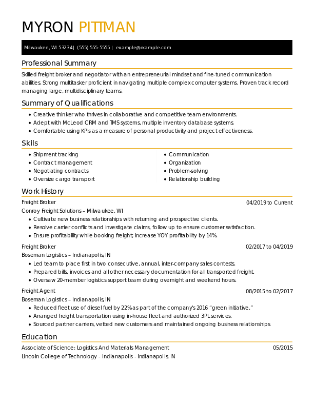 Freight Agent Sample Resume Military Combo Active, Reserve, And Guard