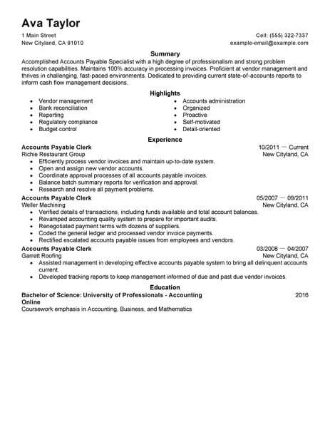 Professional Accounts Payable Specialist Resume Examples