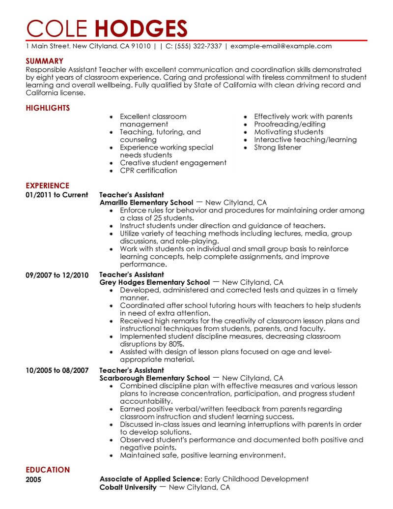 6 Great Assistant Teacher Resume Examples | LiveCareer