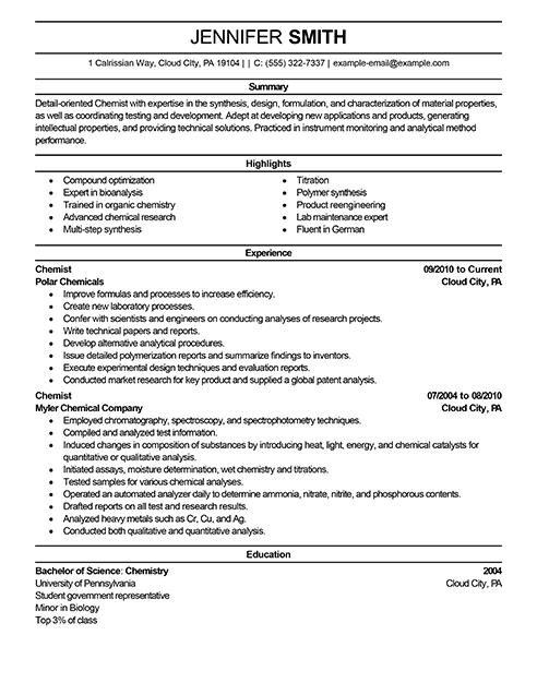 Professional Chemist Resume Examples