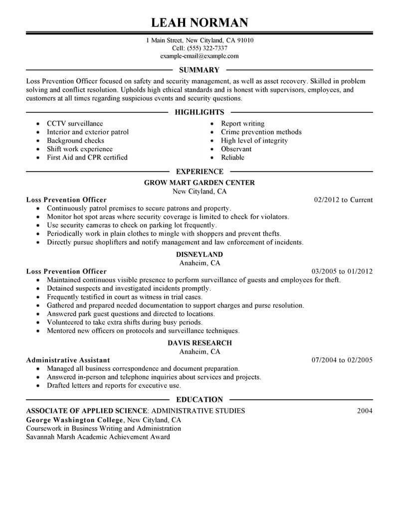 Professional Loss Prevention Officer Resume Examples