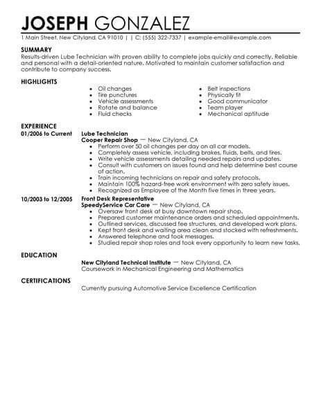 Professional Lube Technician Resume Examples