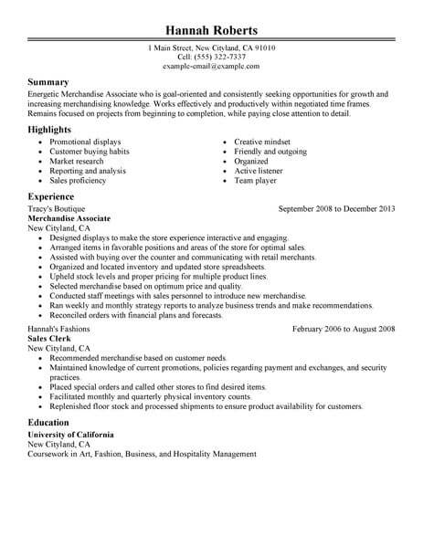 Professional Merchandise Associate Resume Examples