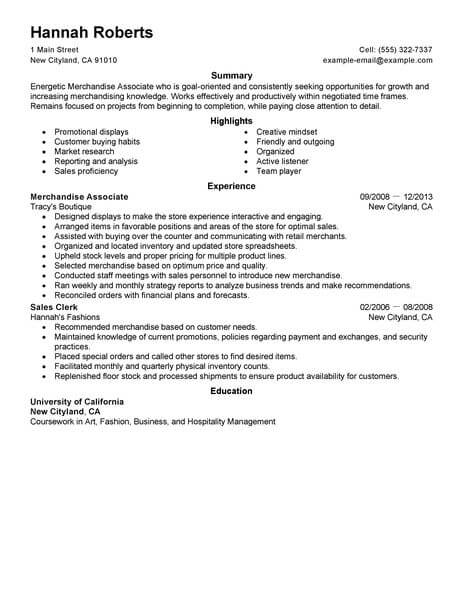 Professional Merchandise Associate Resume Examples