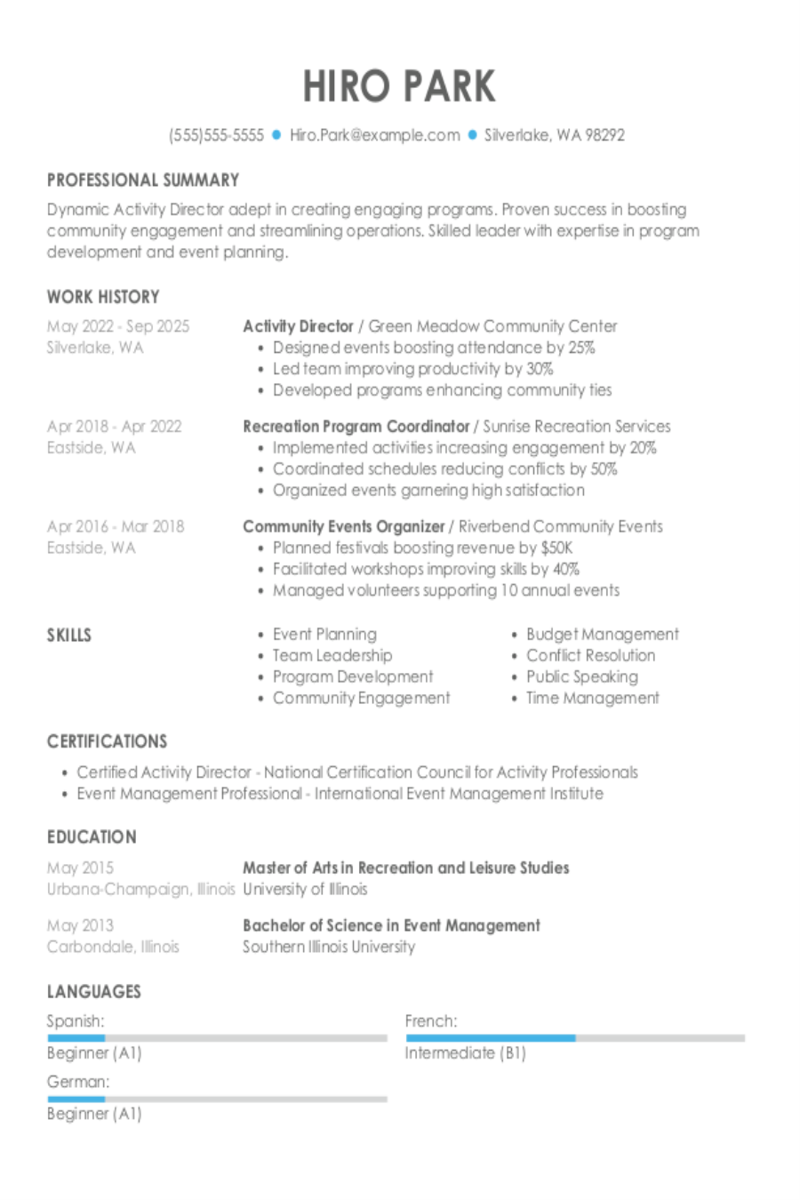 4 Activity Director Resume Examples, Templates, & Tips for 2026