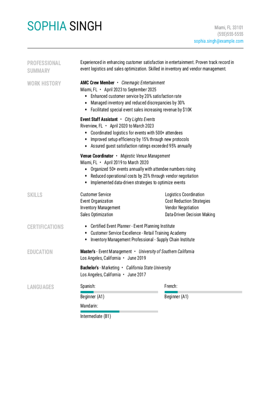 4 AMC Crew Member Resume Examples, Templates, & Tips for 2025
