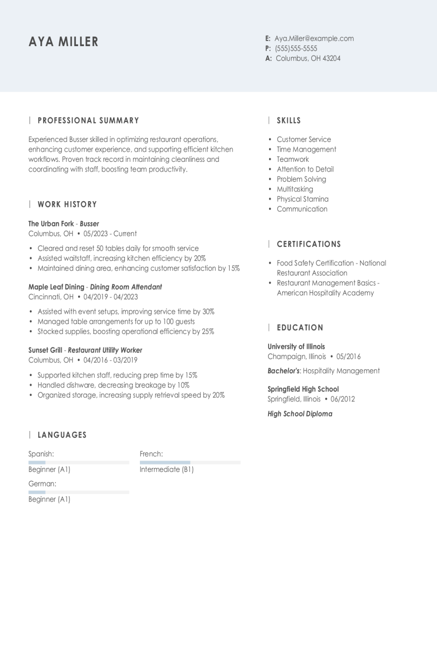 4 Busser Resume Examples, Templates, & Tips for 2026