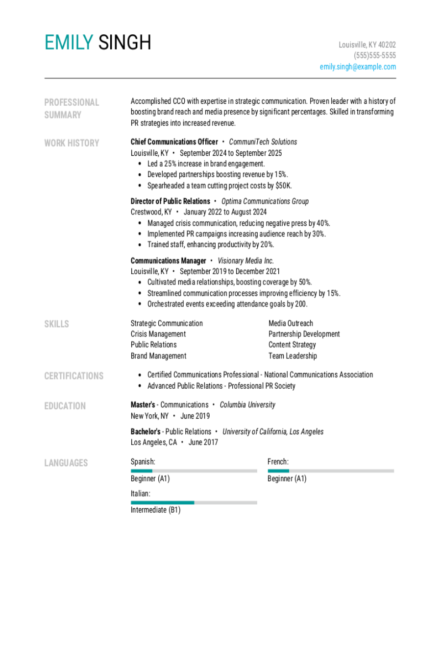 4 Chief Communications Officer Resume Examples, Templates, & Tips for 2026