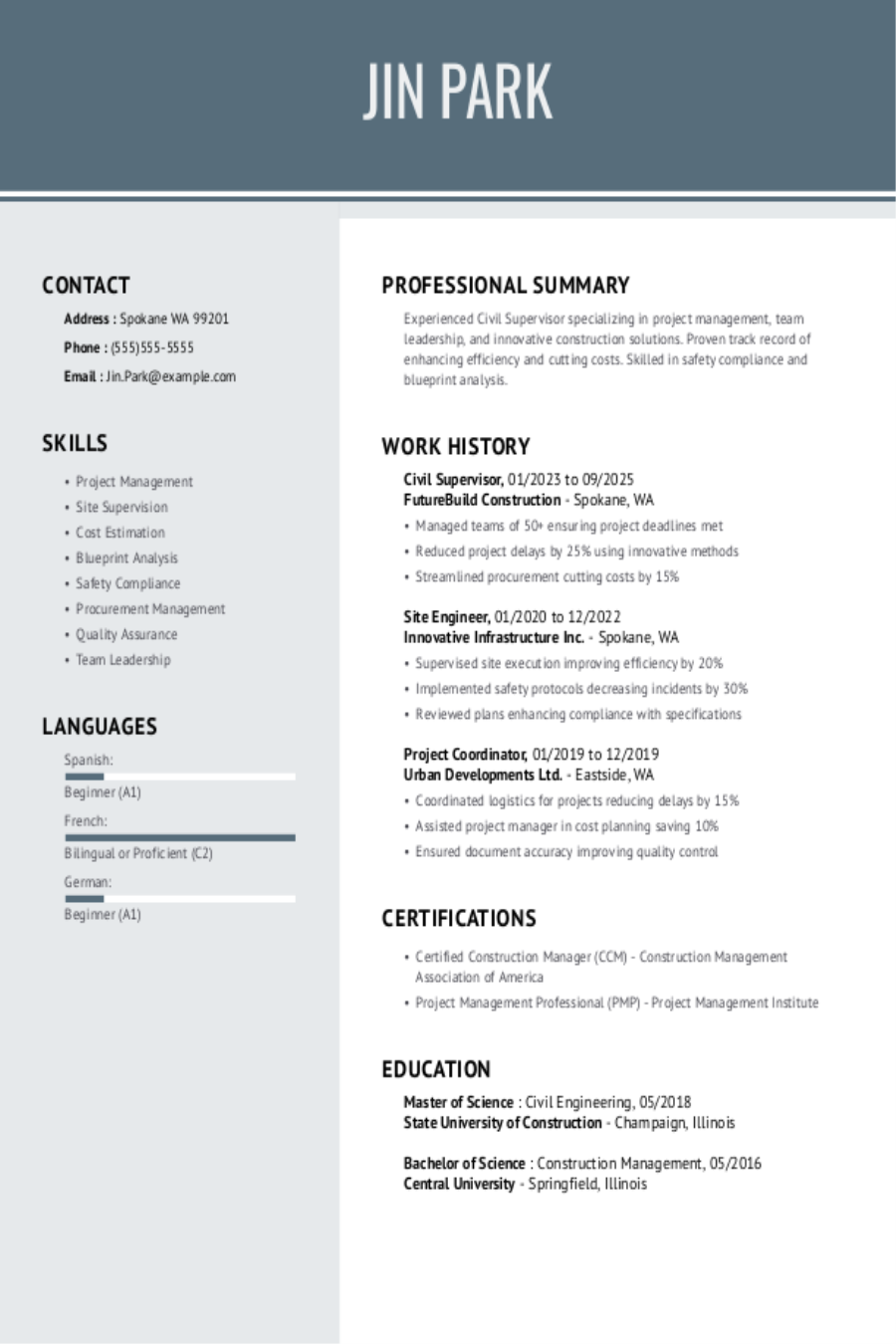 4 Civil Supervisor Resume Examples, Templates, & Tips for 2026