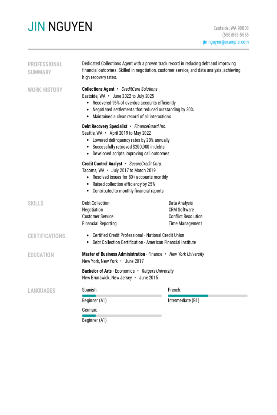 4 Collections Agent Resume Examples, Templates, & Tips for 2025