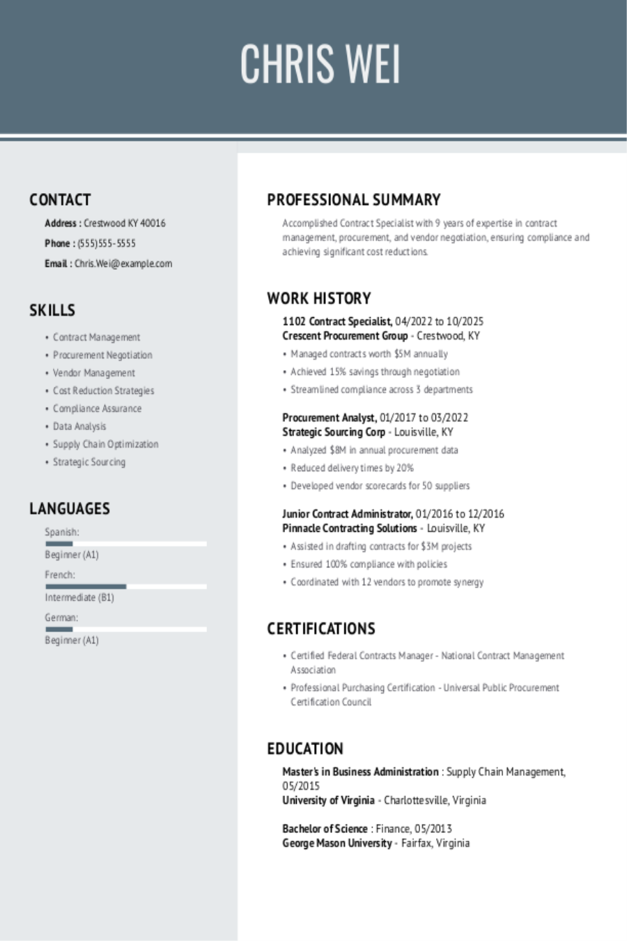 4 1102 Contract Specialist Resume Examples, Templates, & Tips for 2025