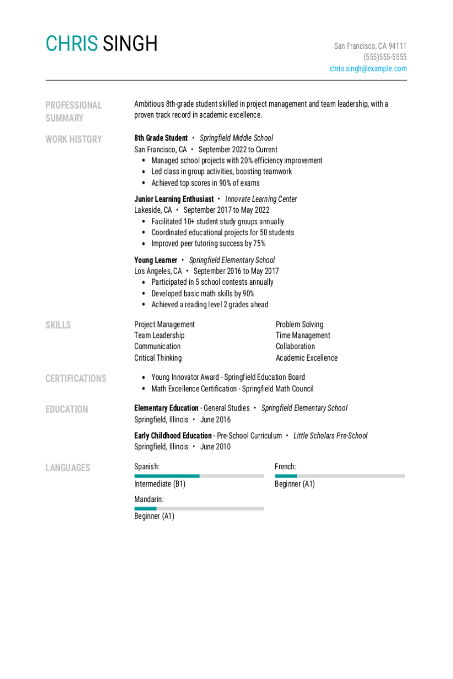 4 8th Grade Student Resume Examples, Templates, & Tips for 2025