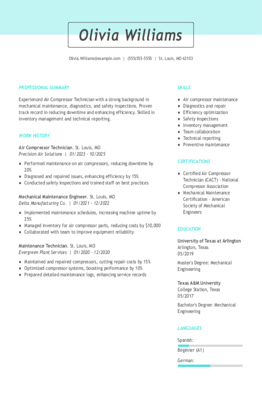 4 Air Compressor Technician Resume Examples, Templates, & Tips for 2026