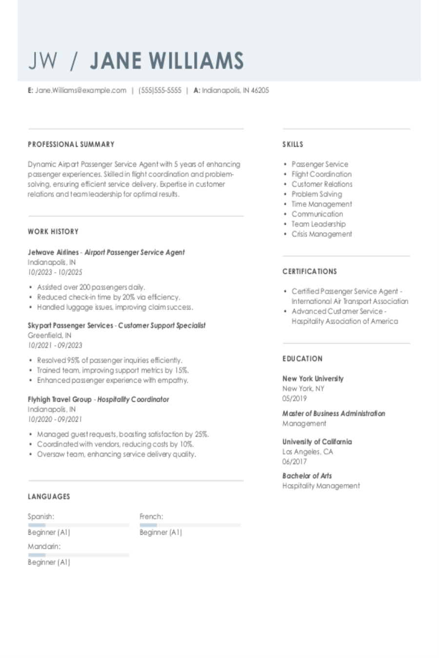 4 Airport Passenger Service Agent Resume Examples, Templates, & Tips ...