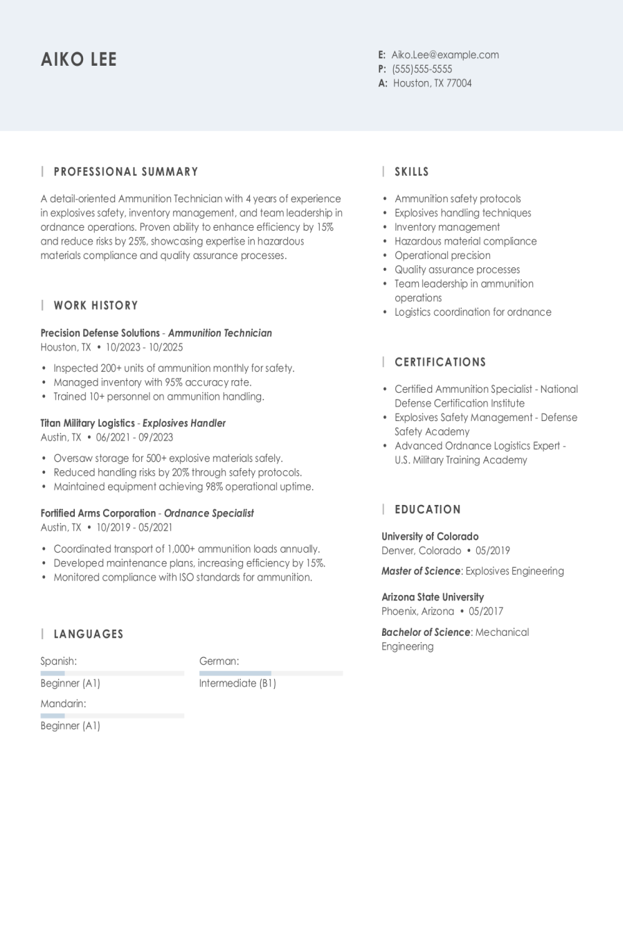 4 Ammunition Technician Resume Examples, Templates, & Tips for 2026