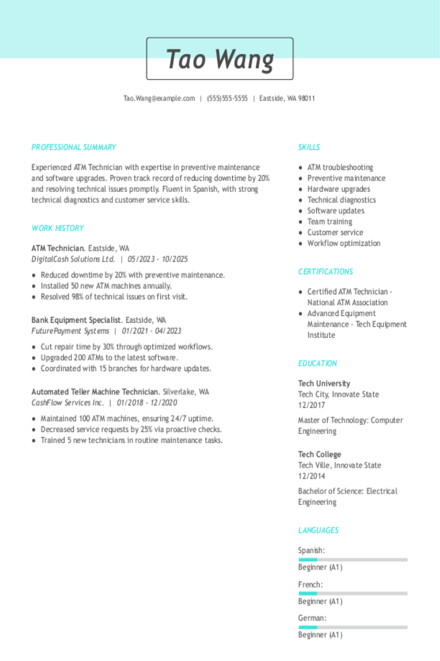 4 ATM Technician Resume Examples, Templates, & Tips for 2025
