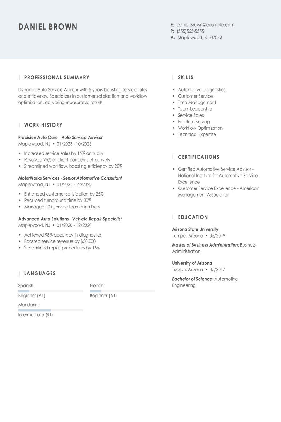 4 Auto Service Advisor Resume Examples, Templates, & Tips for 2025