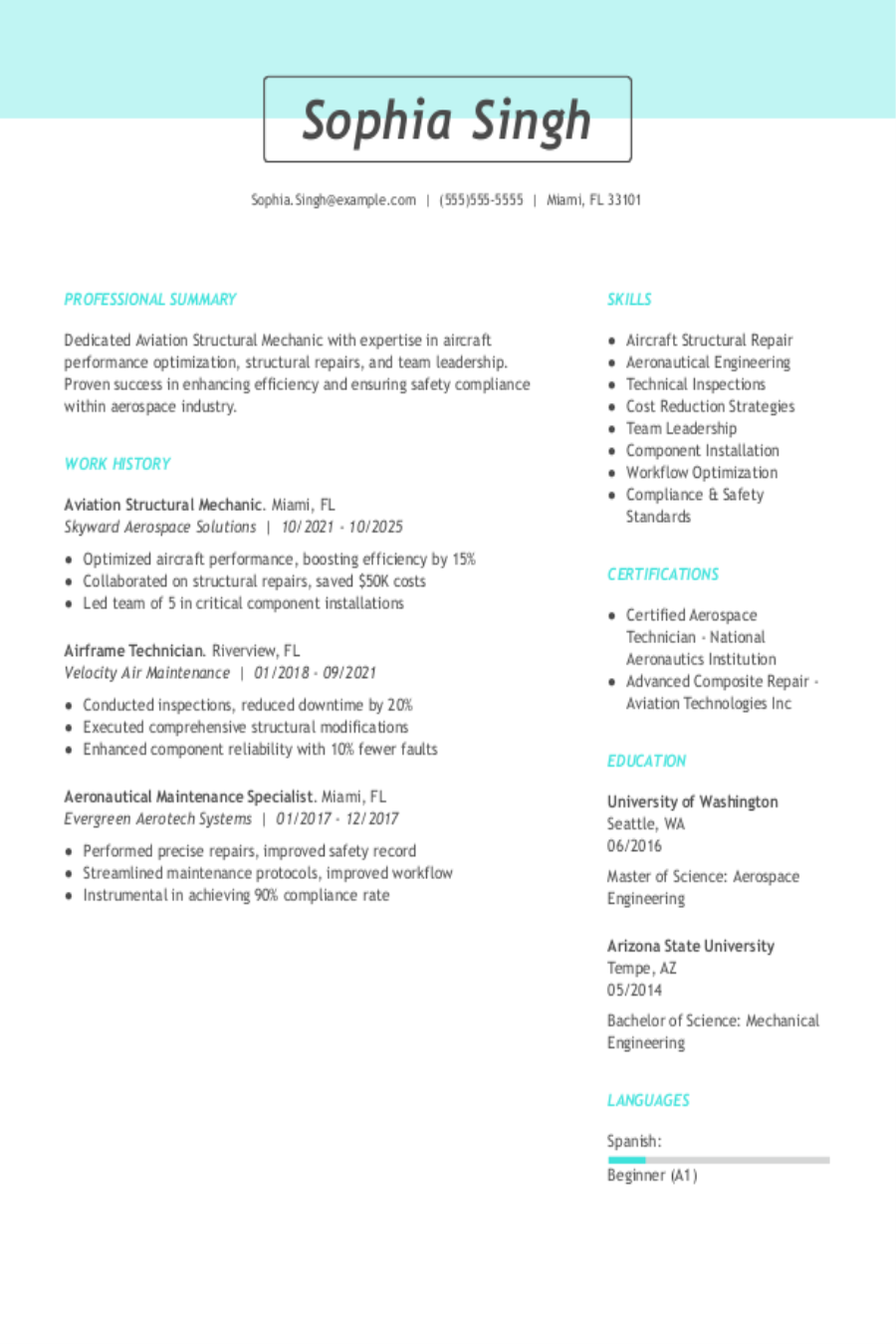 4 Aviation Structural Mechanic Resume Examples, Templates, & Tips for 2025