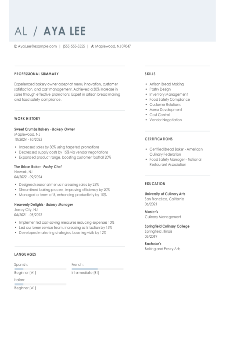 4 Bakery Owner Resume Examples, Templates, & Tips for 2026