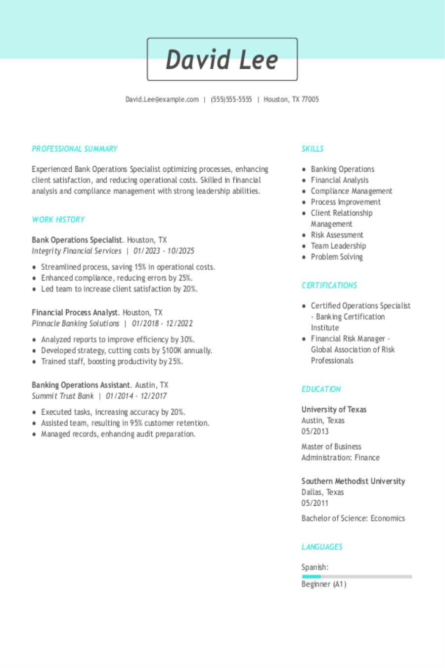 4 Bank Operations Specialist Resume Examples, Templates, & Tips for 2025