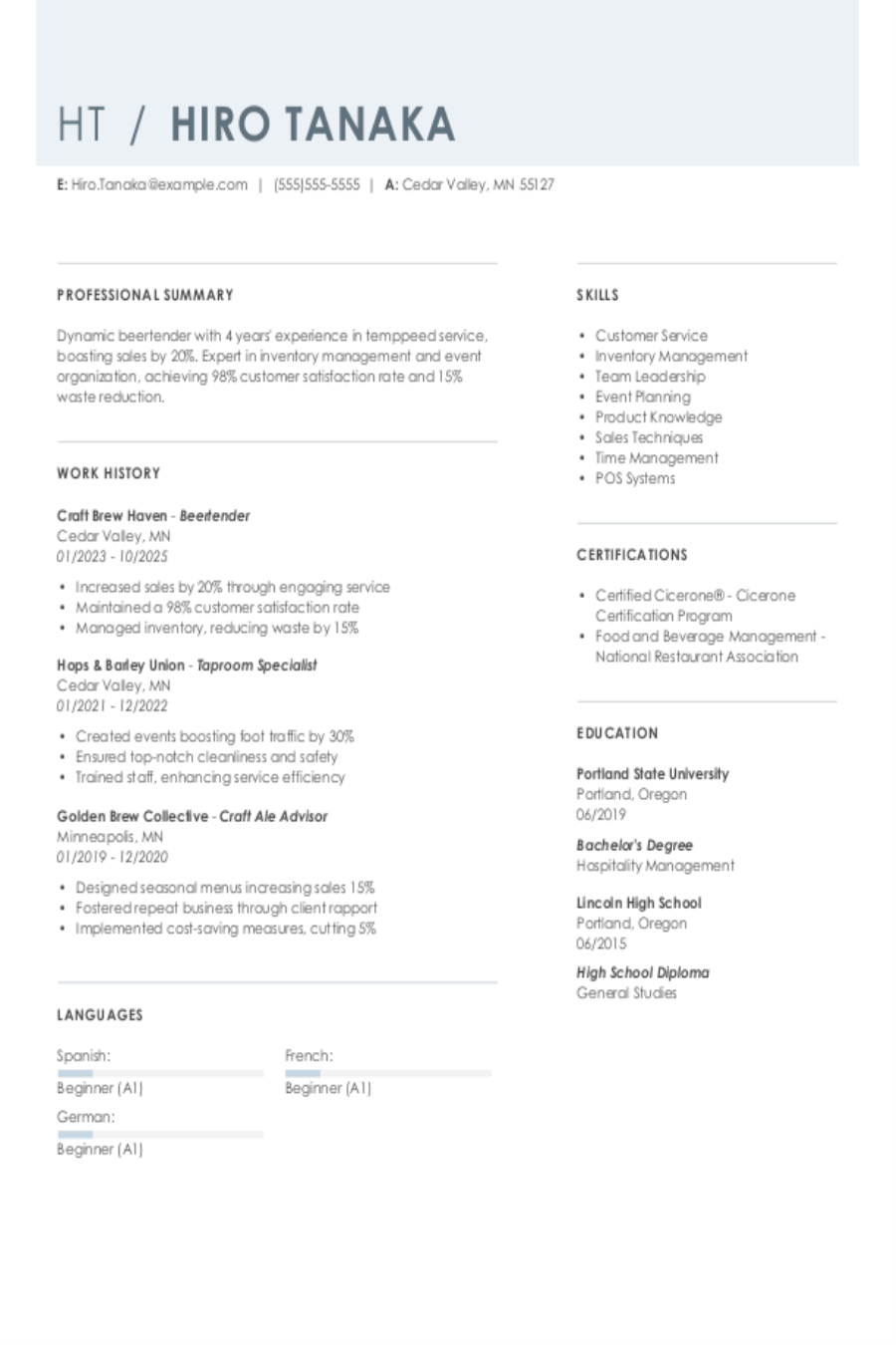 4 Beertender Resume Examples, Templates, & Tips for 2026