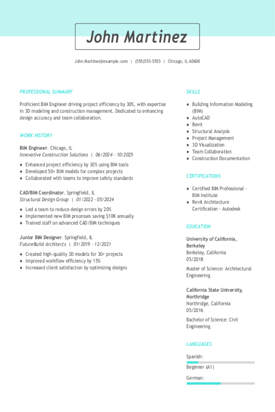 4 Bim Engineer Resume Examples, Templates, & Tips for 2026