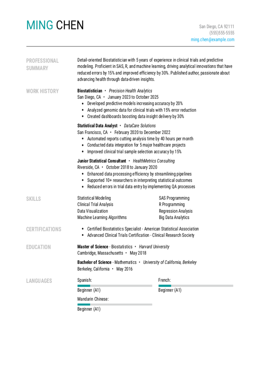 4 Biostatistician Resume Examples, Templates, & Tips for 2026