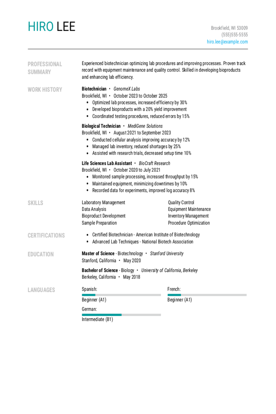 4 Biotechnician Resume Examples, Templates, & Tips for 2026