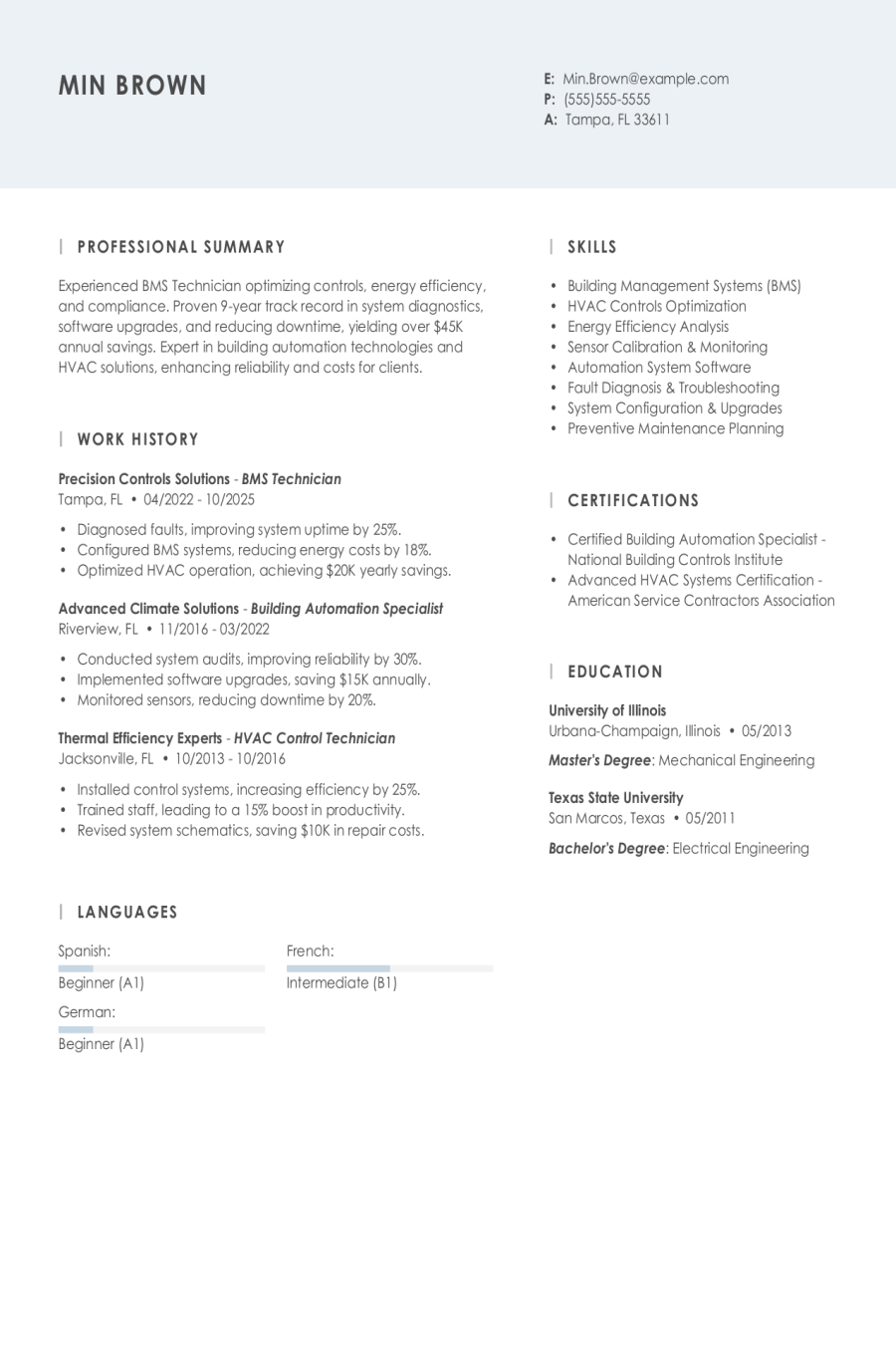 4 Bms Technician Resume Examples, Templates, & Tips for 2025