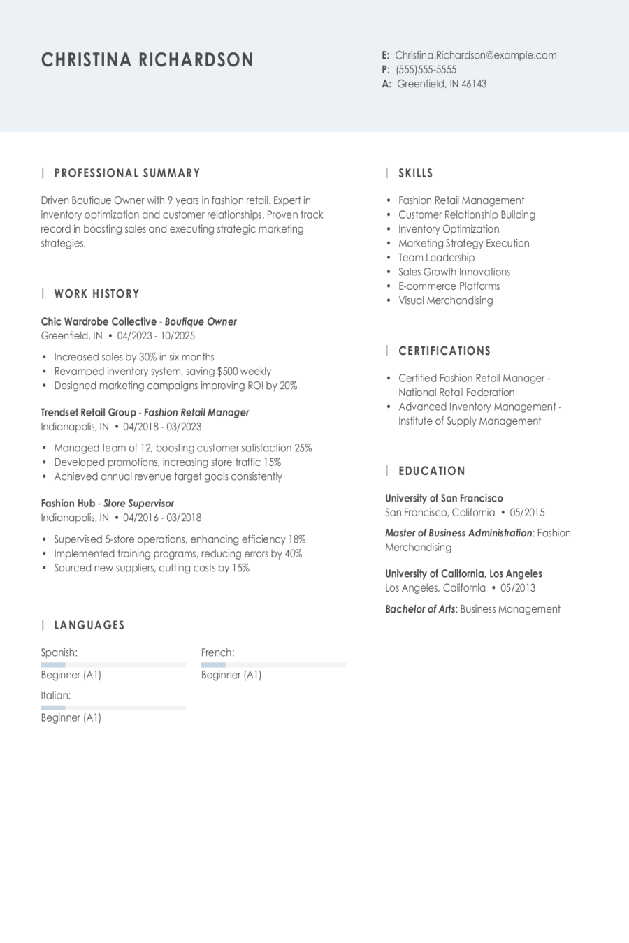 4 Boutique Owner Resume Examples, Templates, & Tips for 2026