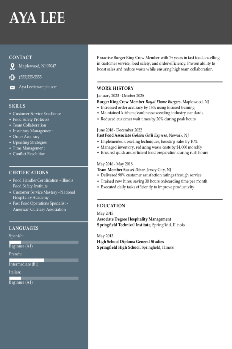 4 Burger King Crew Member Resume Examples, Templates, & Tips for 2026