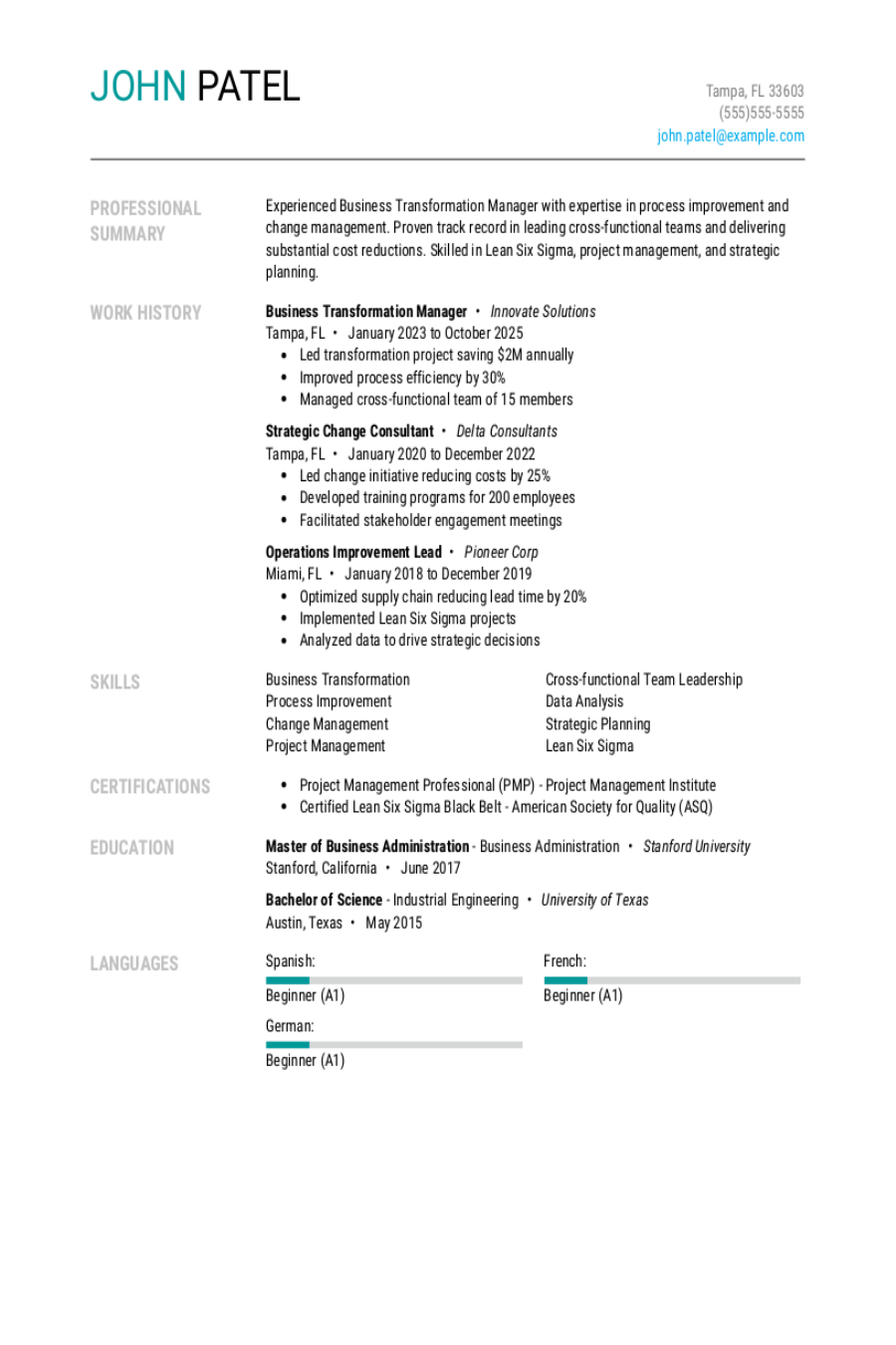 4 Business Transformation Manager Resume Examples, Templates, & Tips ...