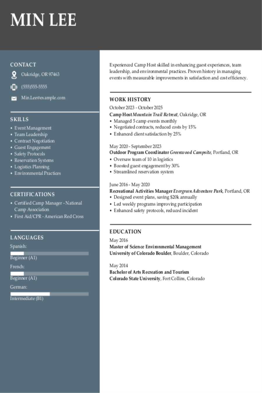 4 Camp Host Resume Examples, Templates, & Tips for 2026